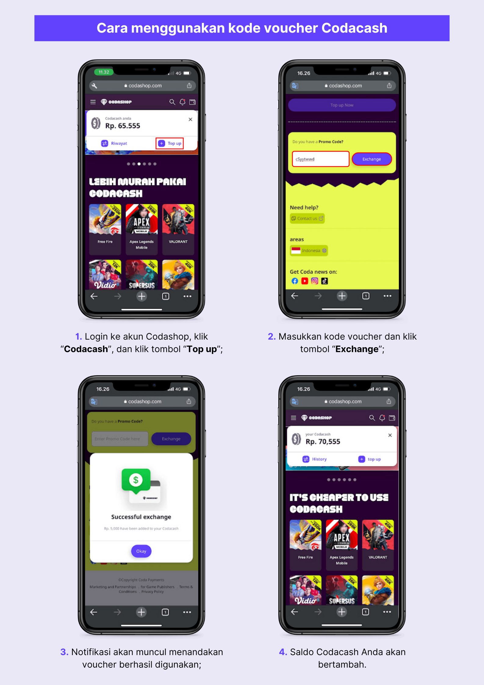 Cara menggunakan kode voucher Codacash – Codashop Indonesia