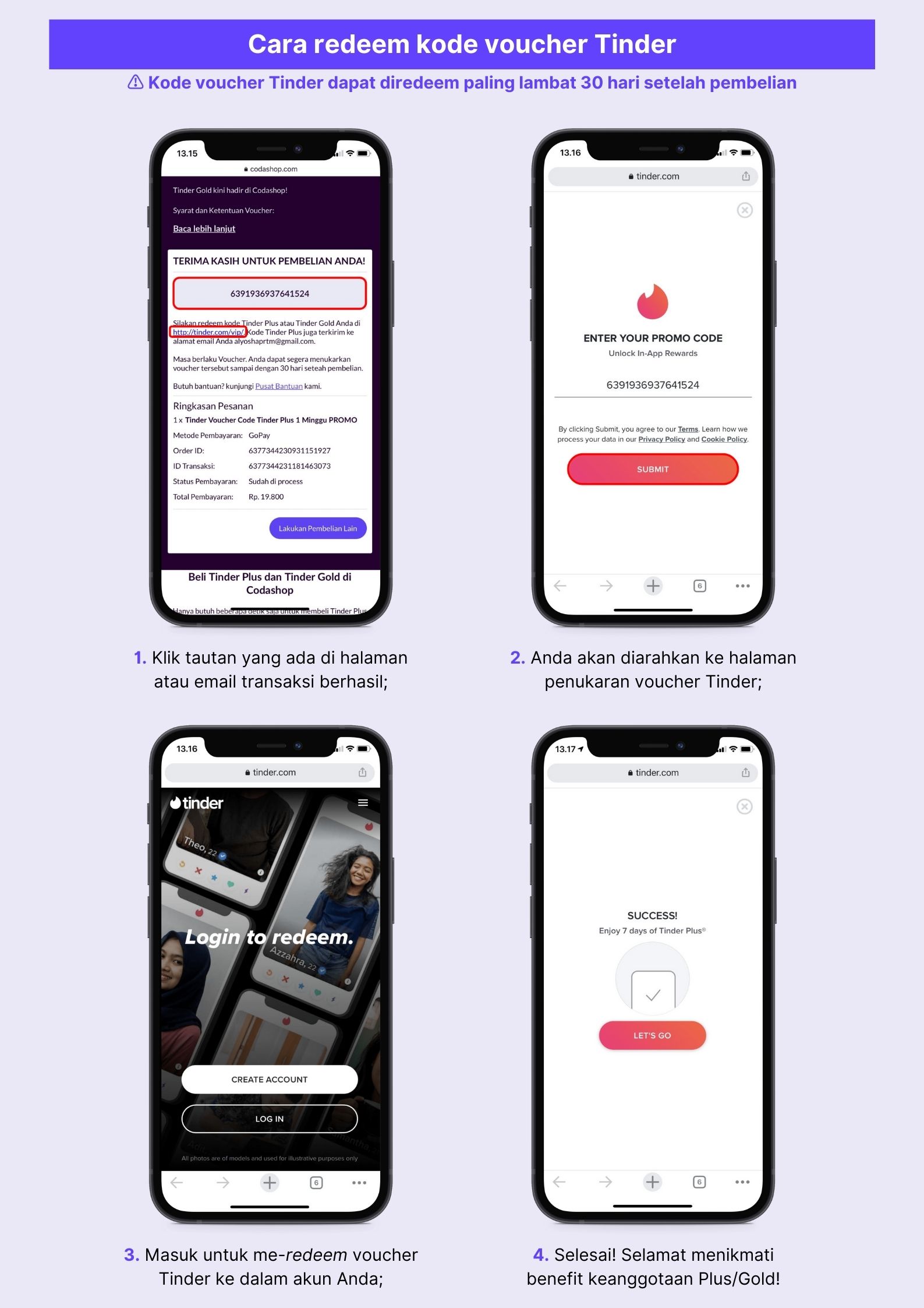 Cara redeem kode voucher Tinder – Codashop Indonesia